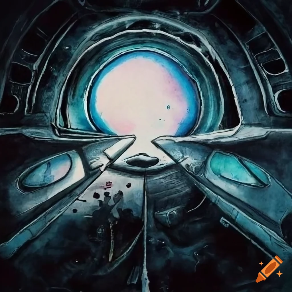 Realistic black ink view from spaceship overlooking alien worlds ...