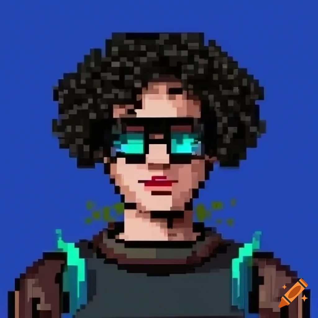 Pixel cyberpunk male character with glasses and curly black hair on Craiyon
