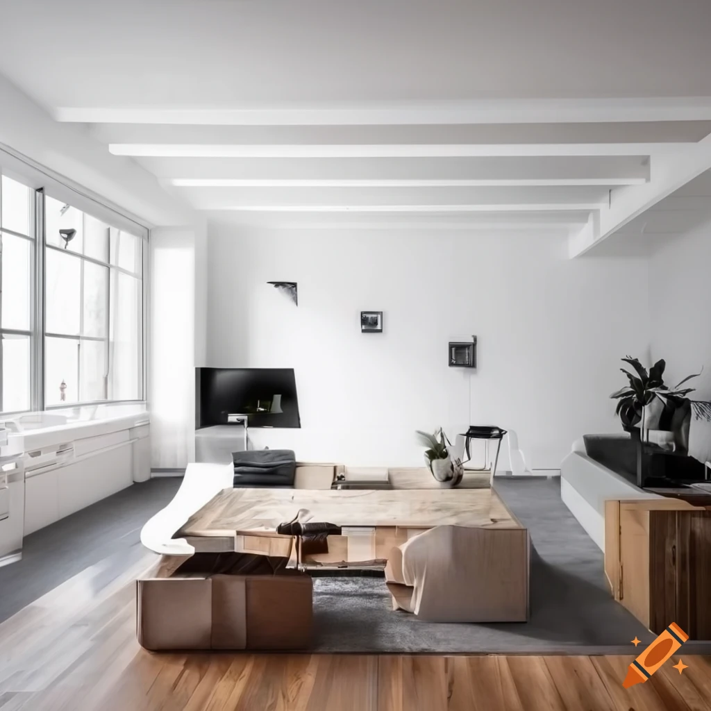 Minimally designed white Danish loft with designer furnitures on Craiyon