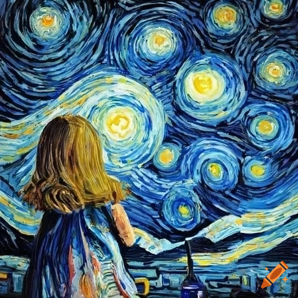 Abstract brush painting in van gogh style depicting a child gazing at the starry night sky on ...