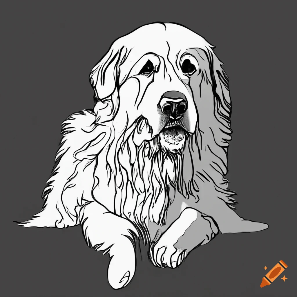 Minimalist line art of a contented Great Pyrenees laying down in black ...