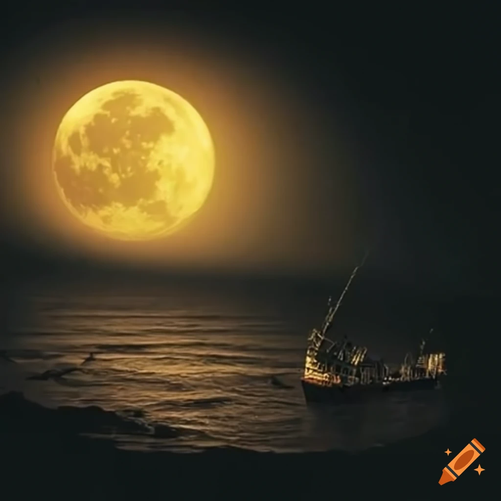 Ancient wrecked shipyard under a creepy yellow moon at night on Craiyon