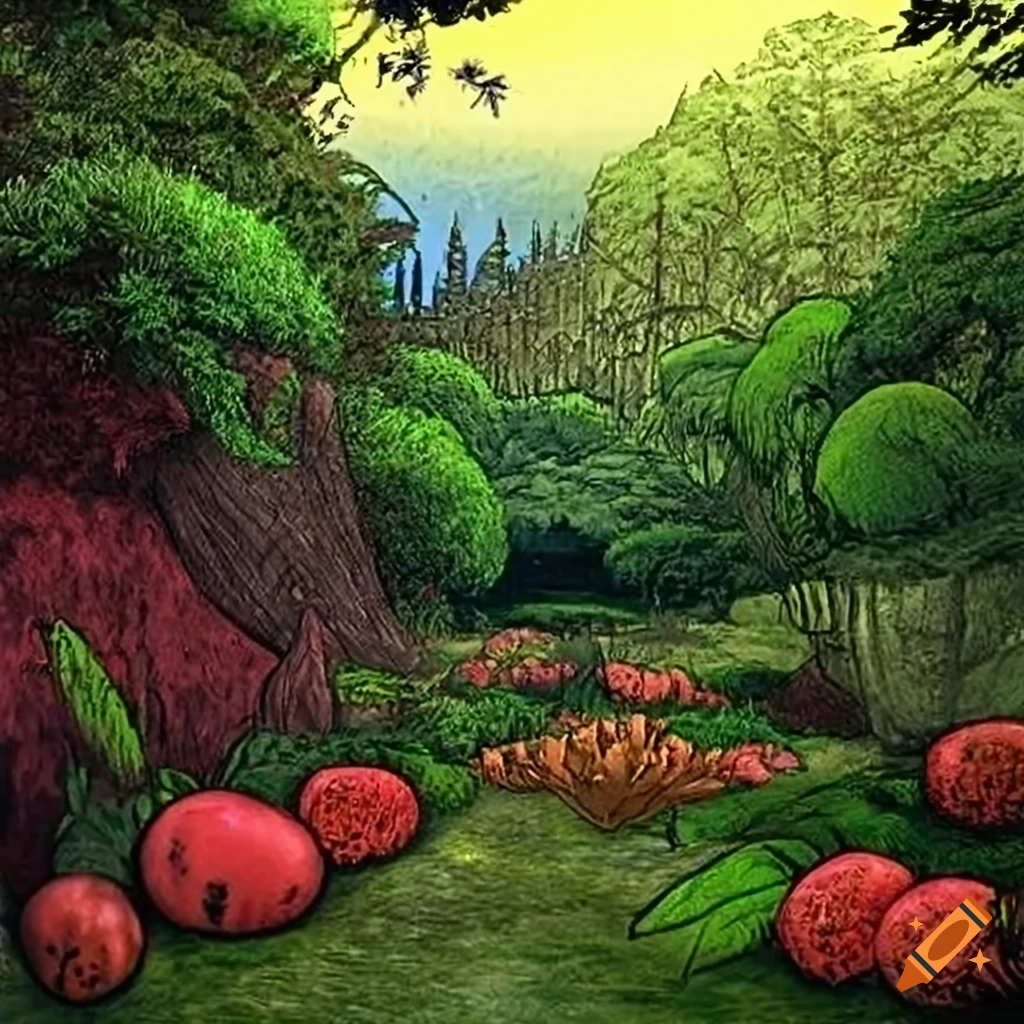 Panoramic view of the Biblical Garden of Eden with prehistoric ...