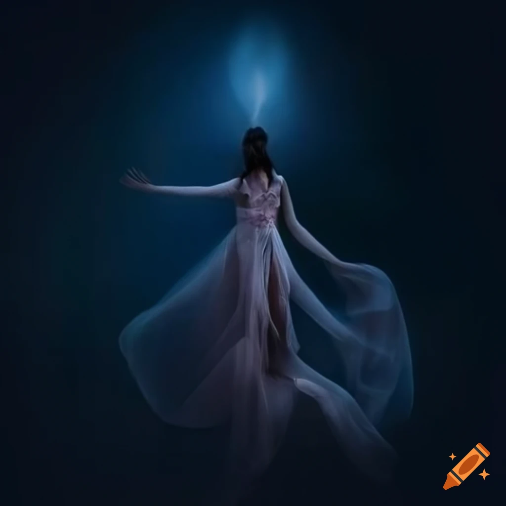 Serene majestic floating figure in a flowing robe with enchanting eyes ...