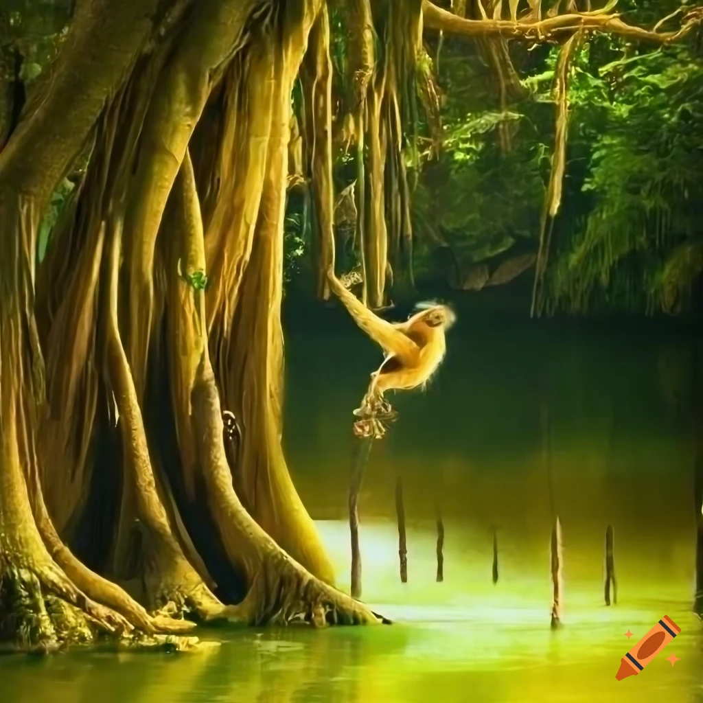 Lush banyan tree with a hanging monkey above a flowing river on Craiyon