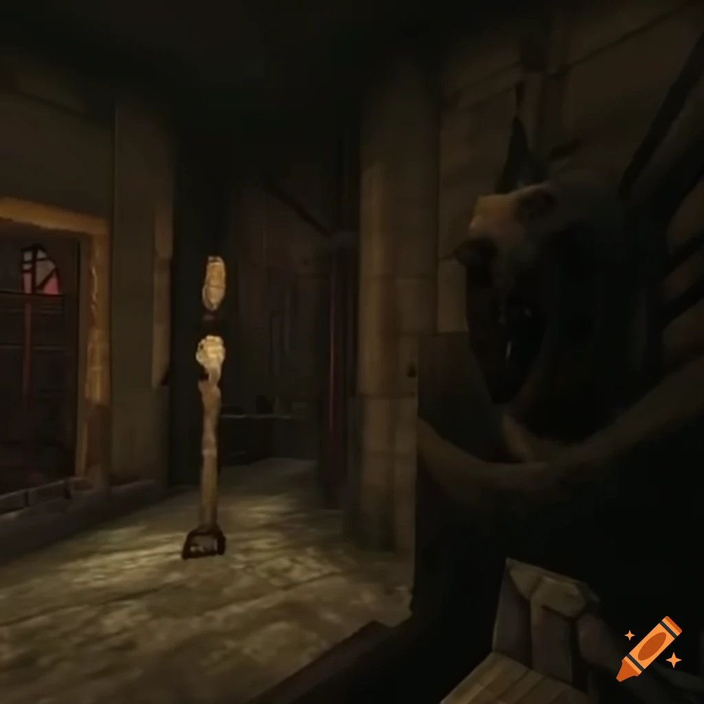 Horror mmo screenshot of a monster in a gloomy building on Craiyon