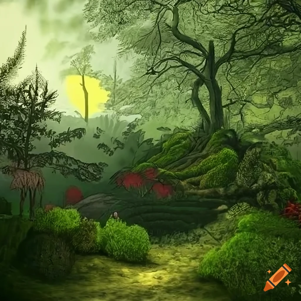 Wide angle panorama of a fantastical Garden of Eden with prehistoric ...