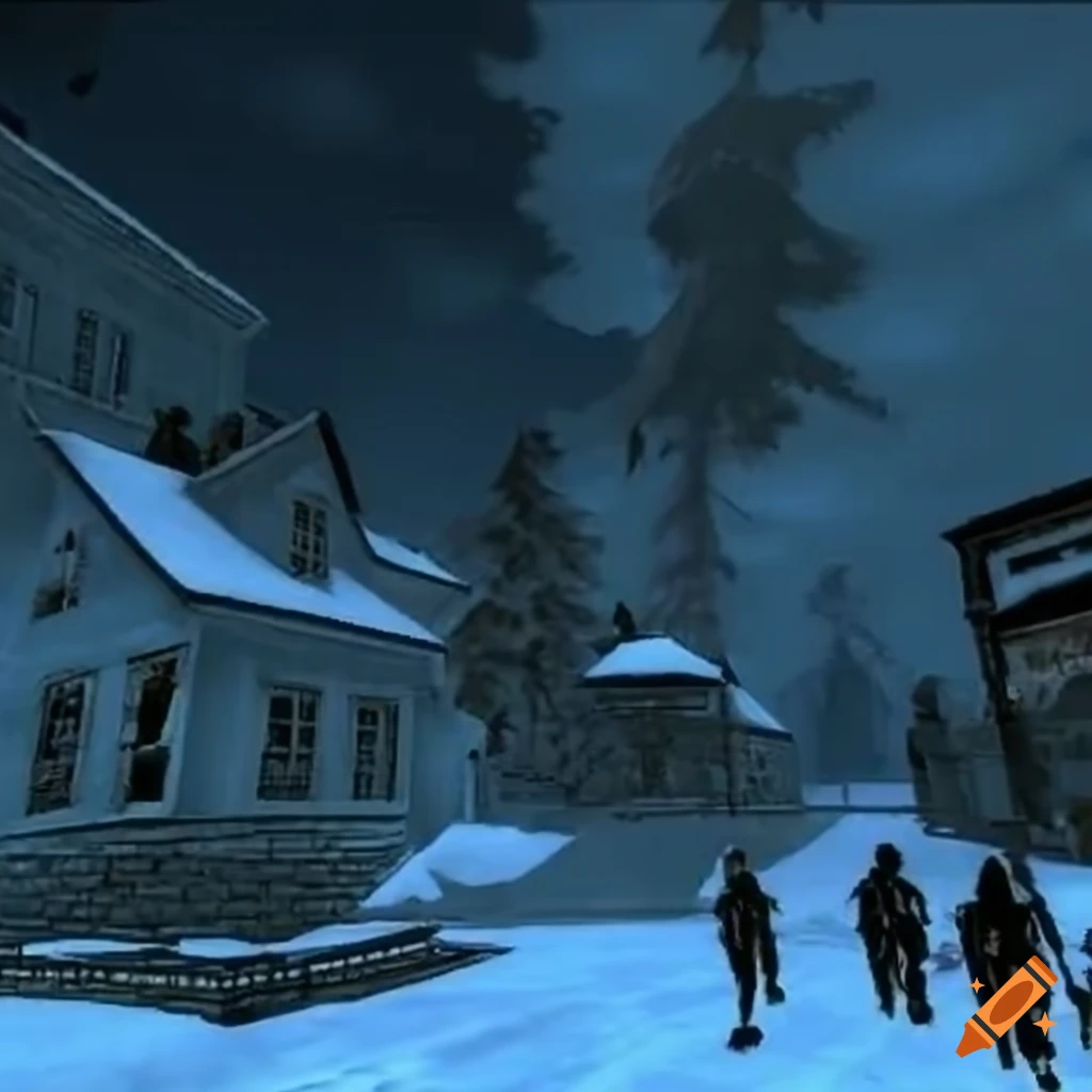 Screenshot of the ps1 style horror mmo snowy town on Craiyon