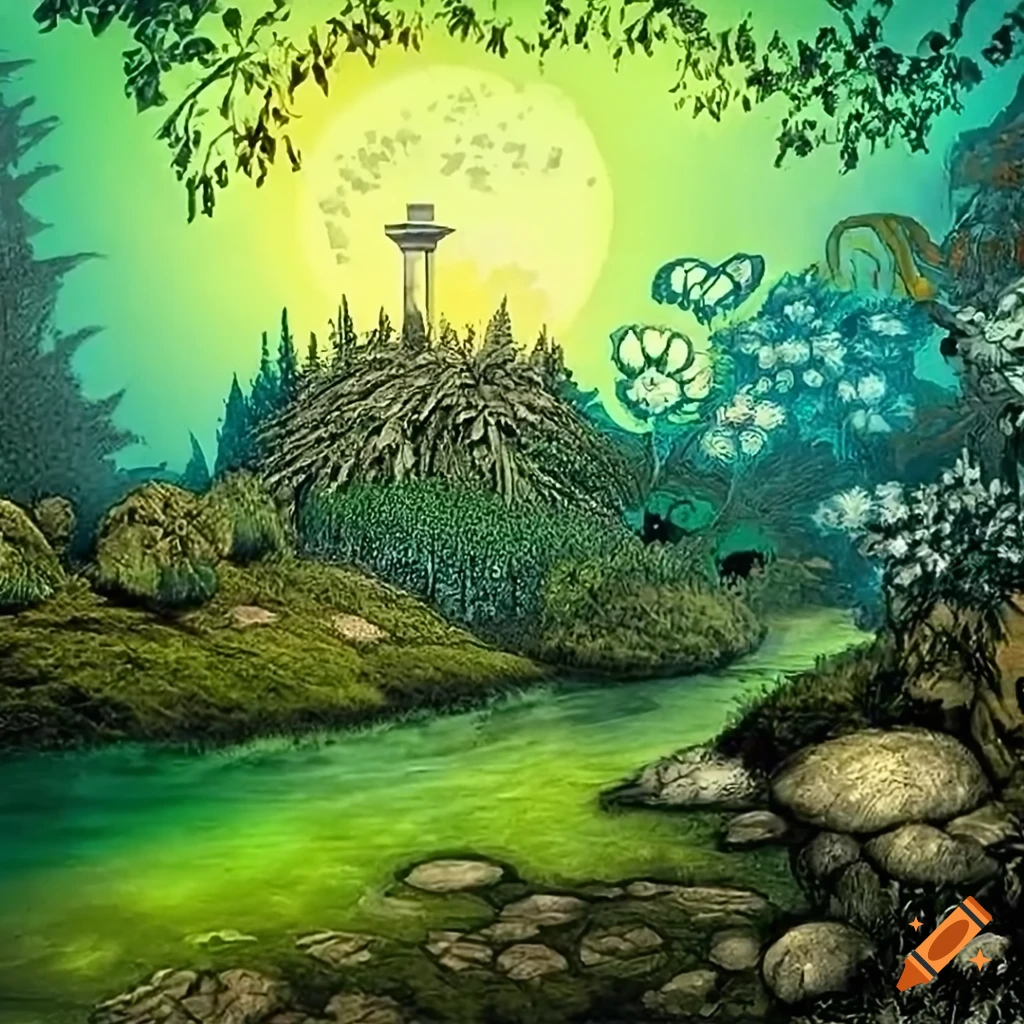 Panoramic view of the biblical garden of eden with ancient inventions ...