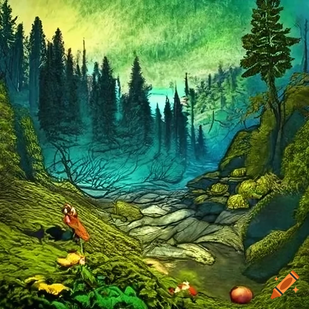 Wide angle panorama of a fantastical Garden of Eden with prehistoric ...