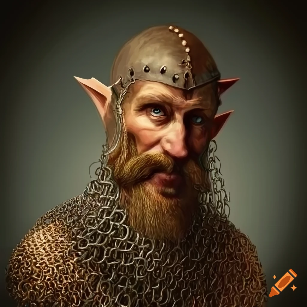 Tattooed elf magician in chainmail armor with a shield on Craiyon