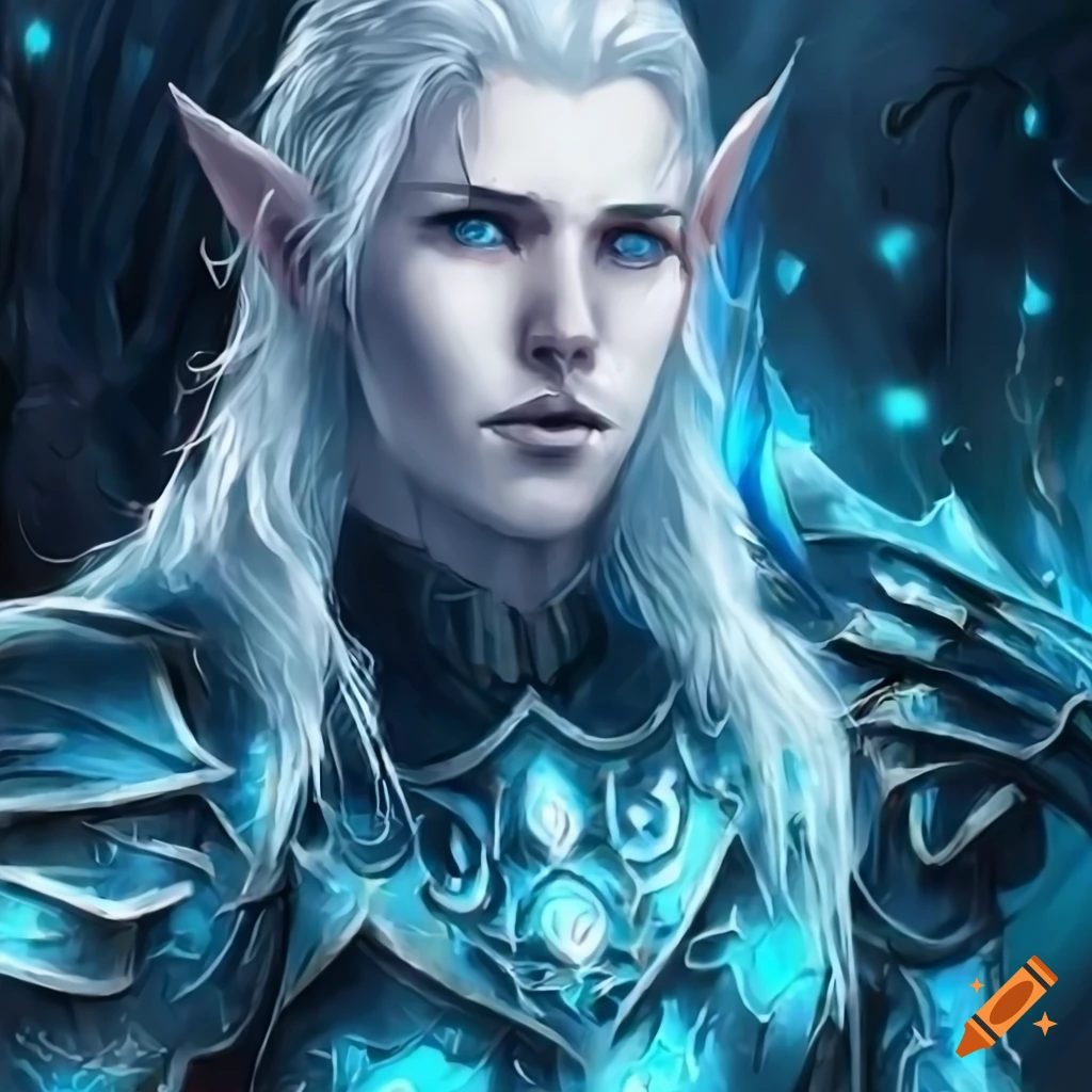 Ice elf warrior with white hair and blue skin in magical ice armor on ...