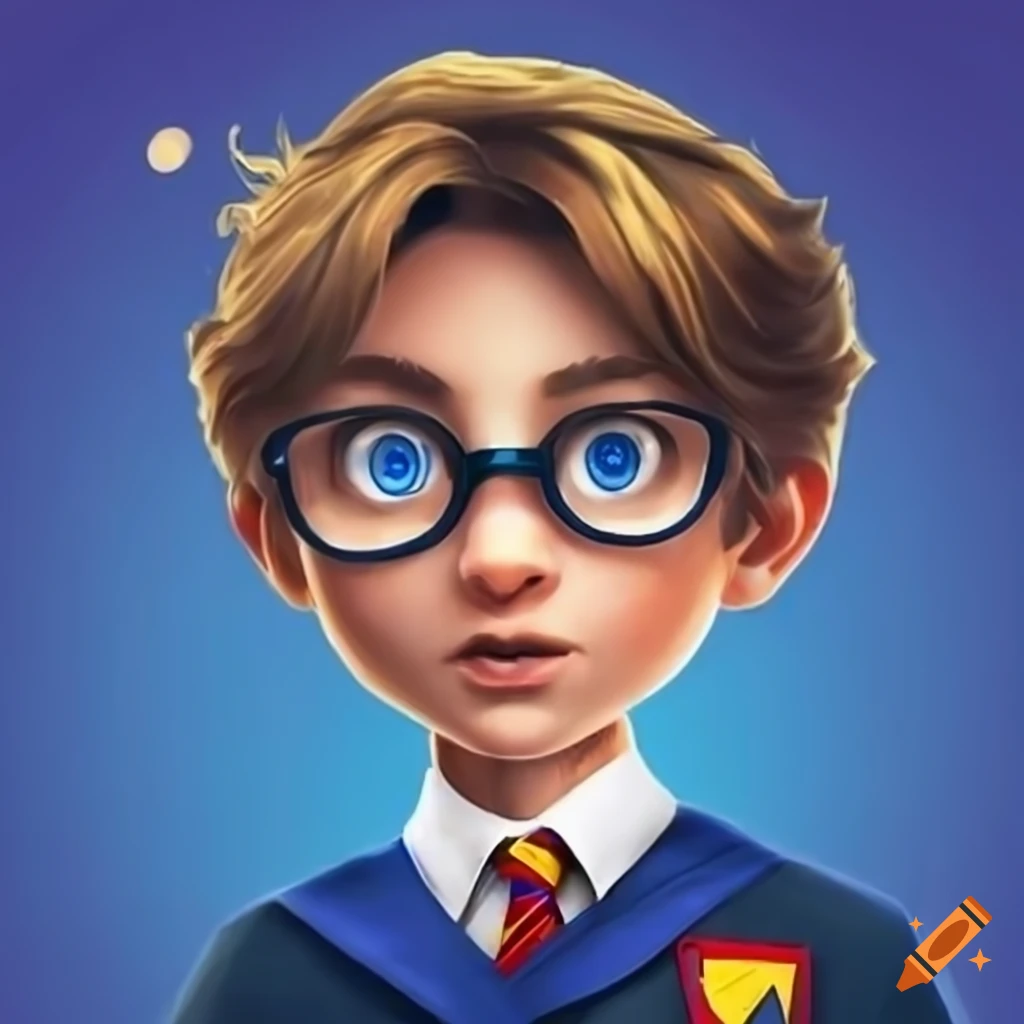 Boy with blonde hair, blue eyes, harry potter-like glasses, in ...