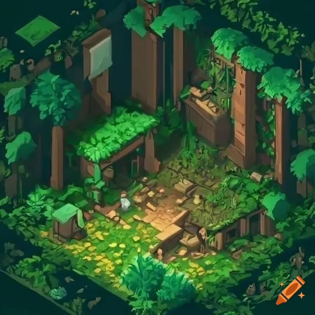 Human character exploring overgrown jungle forest in isometric rpg tile ...