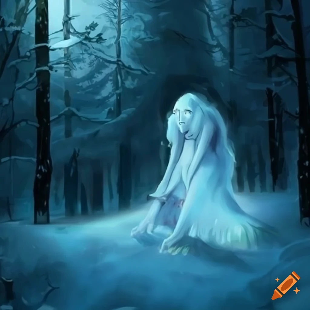 Snowy spirit haunting a pine forest in a fantasy art style on Craiyon