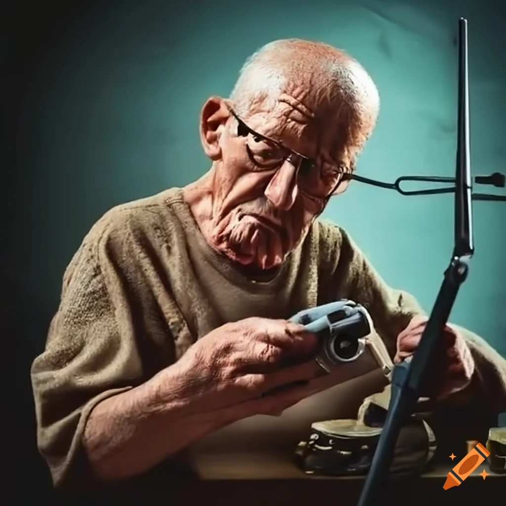 Old man using a ham radio in a shack on Craiyon