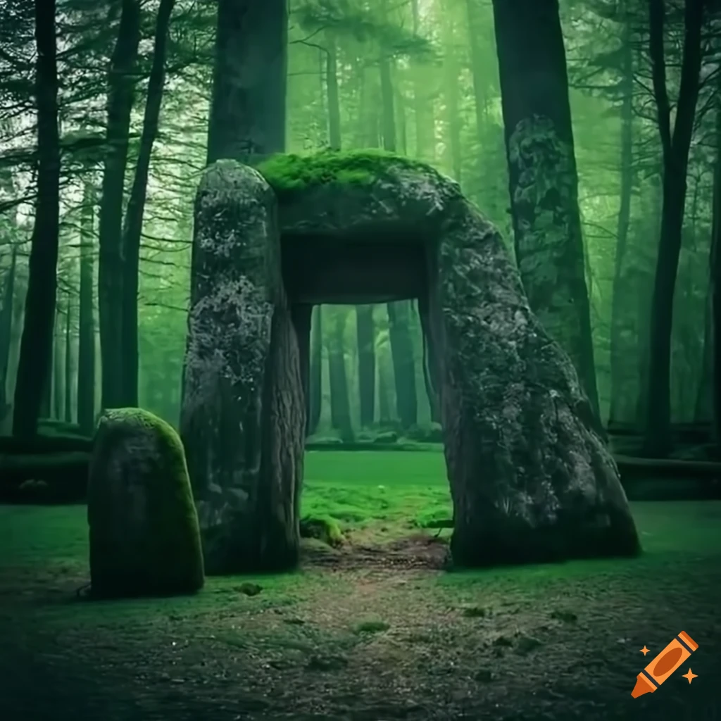 Megalithic standing stones and ancient trees in a mystical forest scene ...