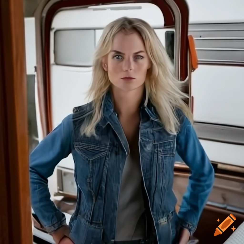 Blonde woman in outlaw biker style outfit standing relaxed on Craiyon