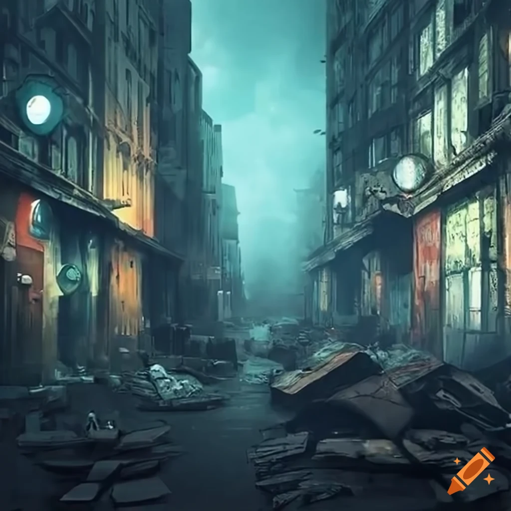 Post-apocalyptic street in a dystopian future world on Craiyon