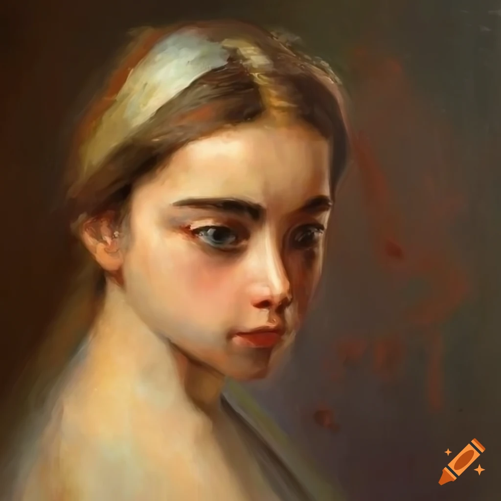 Abstract expressionistic profile portrait with long hair and big nose ...