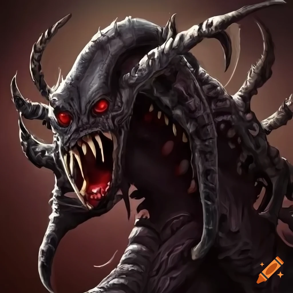 Dark eldritch creature with claws, red eyes, and fangs on Craiyon