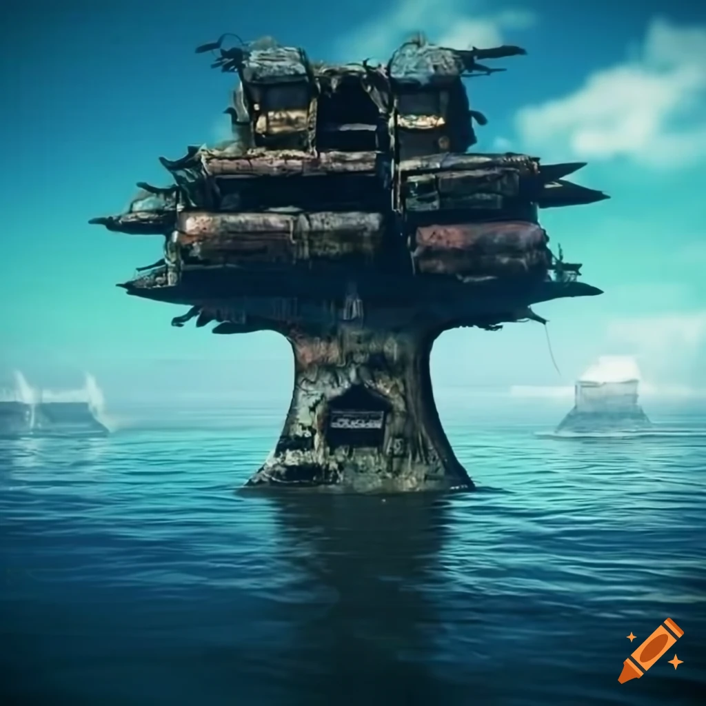 Post-apocalyptic tower shaped like a palm tree in a cyberpunk Hawaii on ...