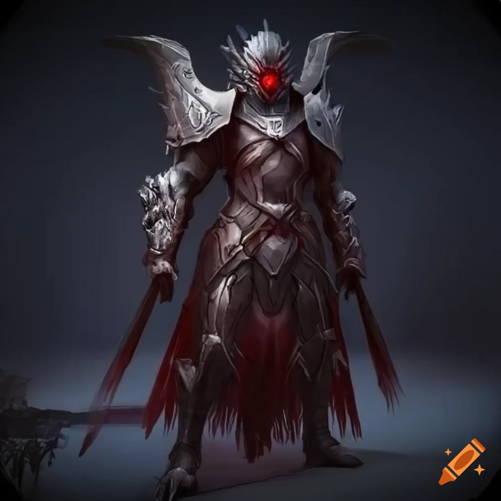 Legendary creature in bulky armor with glowing red eyes on Craiyon