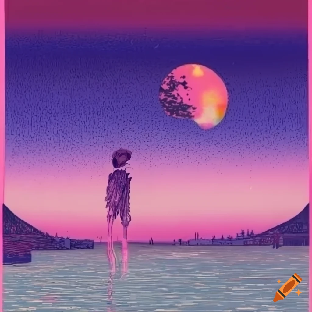 Retro 32-bit video game realm with psychedelic pink skies in a ...