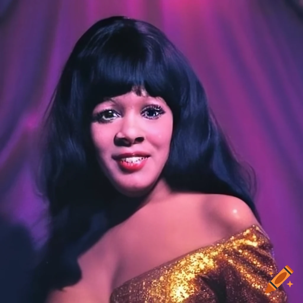 Ronnie spector in a 70s gold glitter gown with a cat-eye look on Craiyon