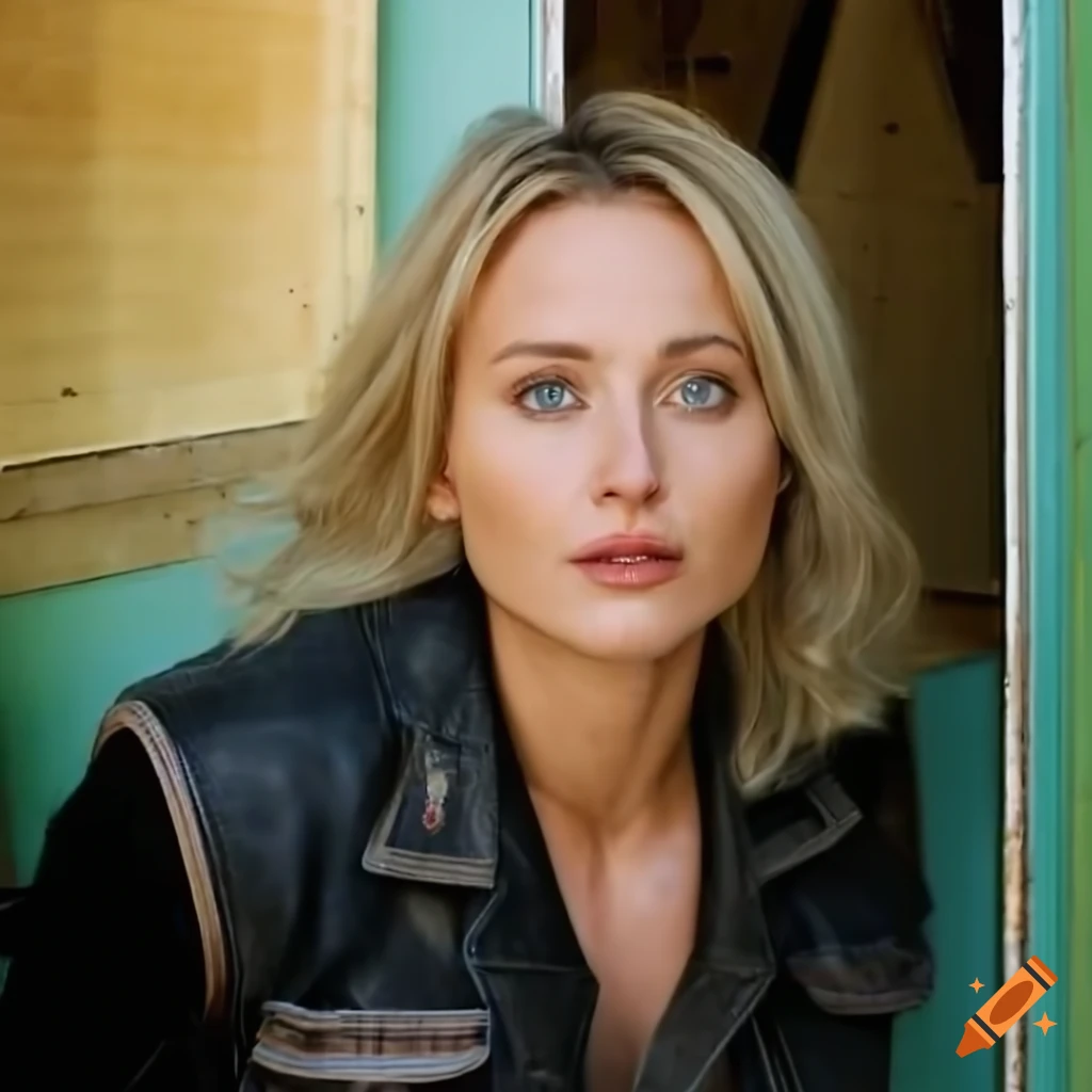 Blonde woman in outlaw biker style outfit standing relaxed on Craiyon