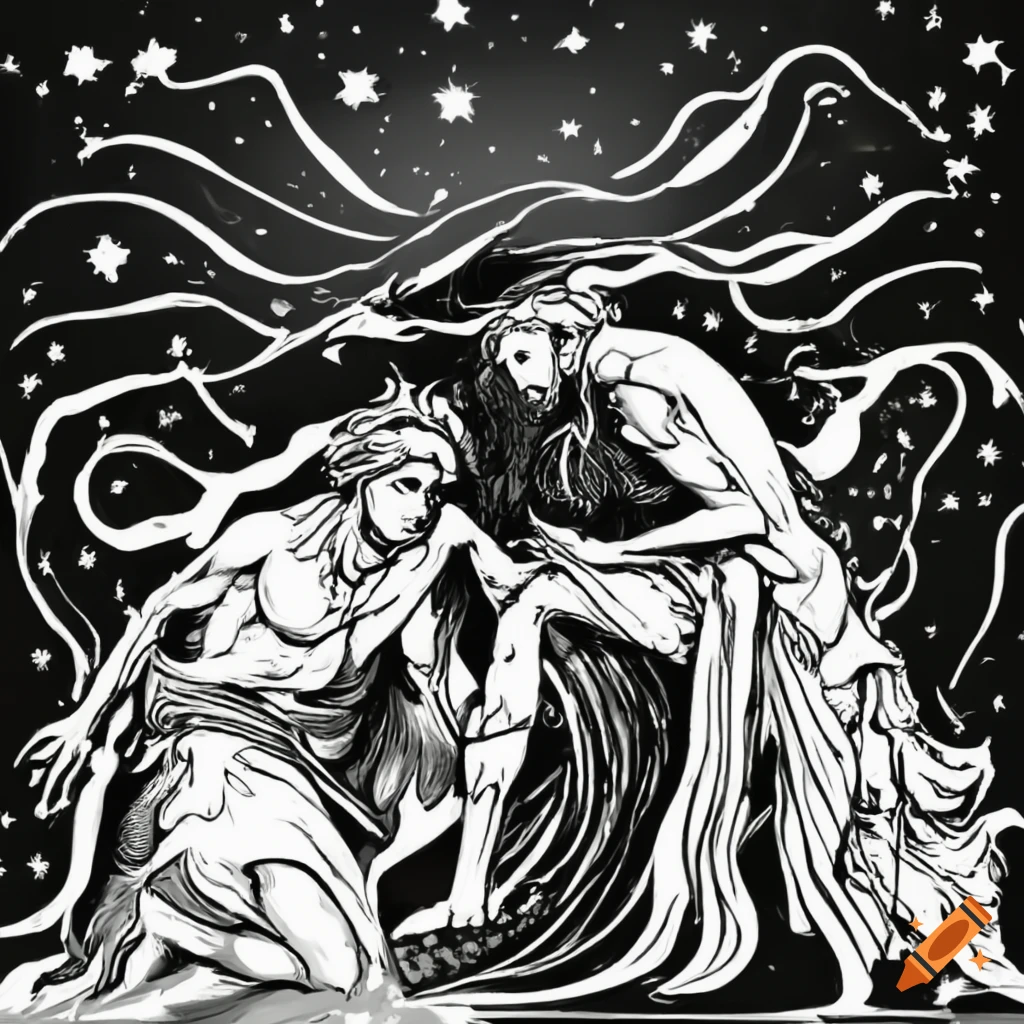 Odysseus among the stars with a fiery sunset in a Greek mythology scene ...