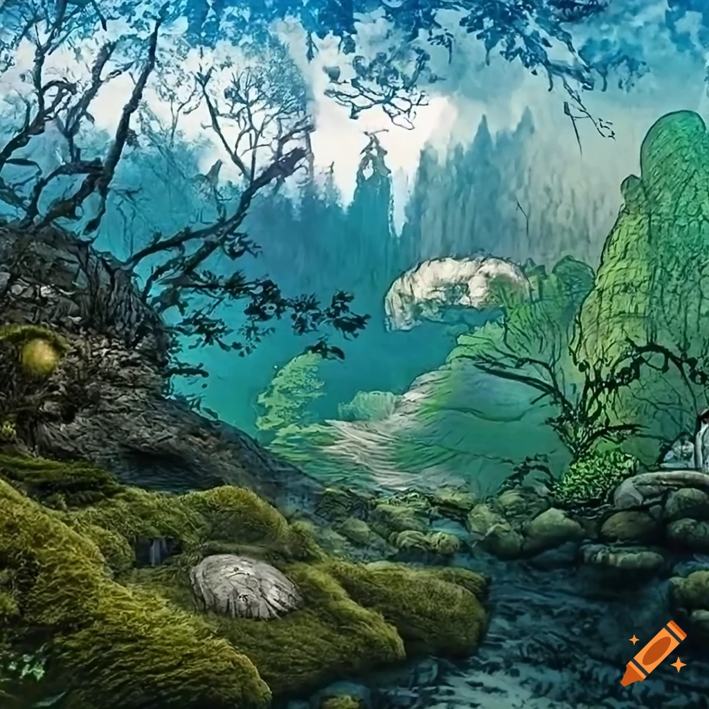 Panoramic view of the garden of eden with ancient inventions and ...