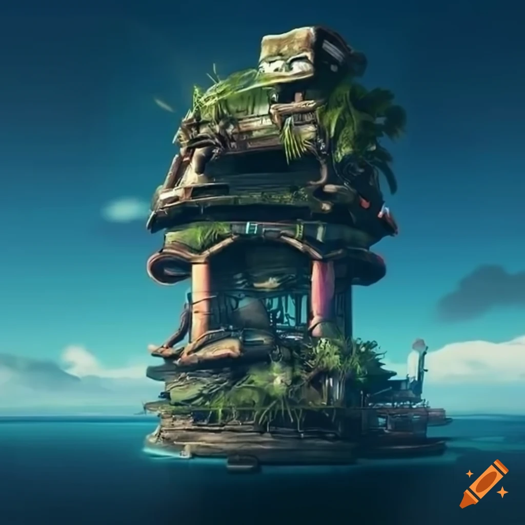 Post-apocalyptic tower resembling a palm tree in a cyberpunk setting on ...