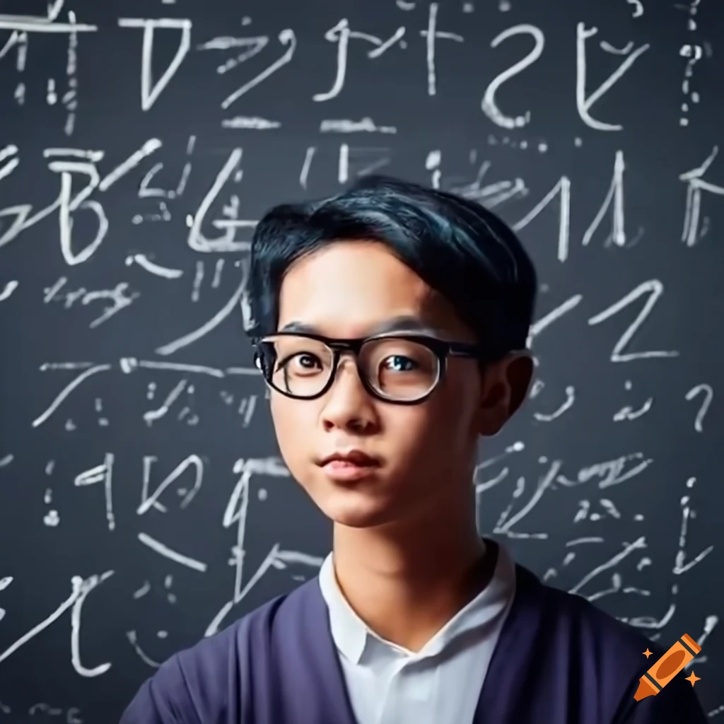 Asian mathematician with glasses smiling in front of complex math on ...