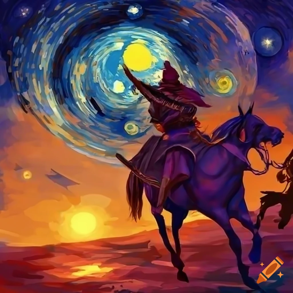 Hungarian mythology: attila and hun warriors on horses under a starry ...