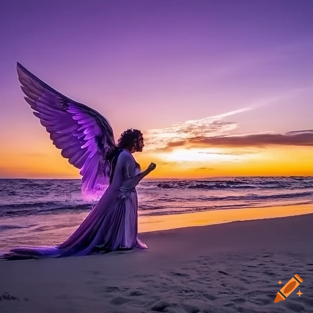 Angel with luminous purple wings watching the sunrise on the beach on ...