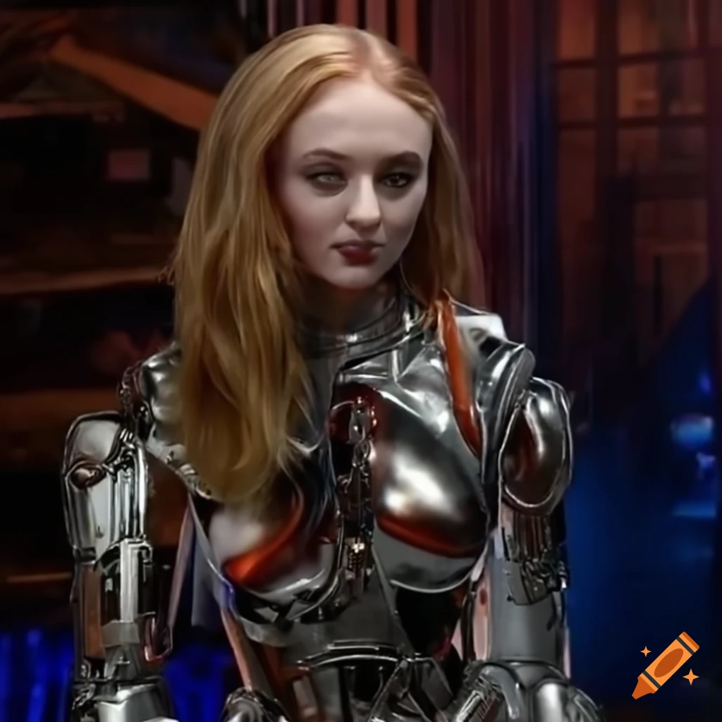 Shiny metal robot resembling sophie turner on Craiyon