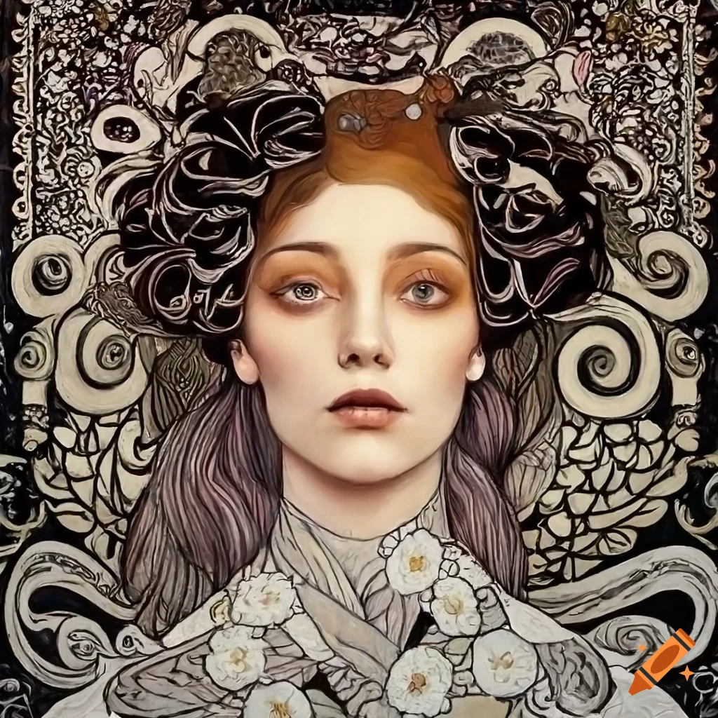 Surreal oil painting with floral hair in the style of Klimt and Mucha ...
