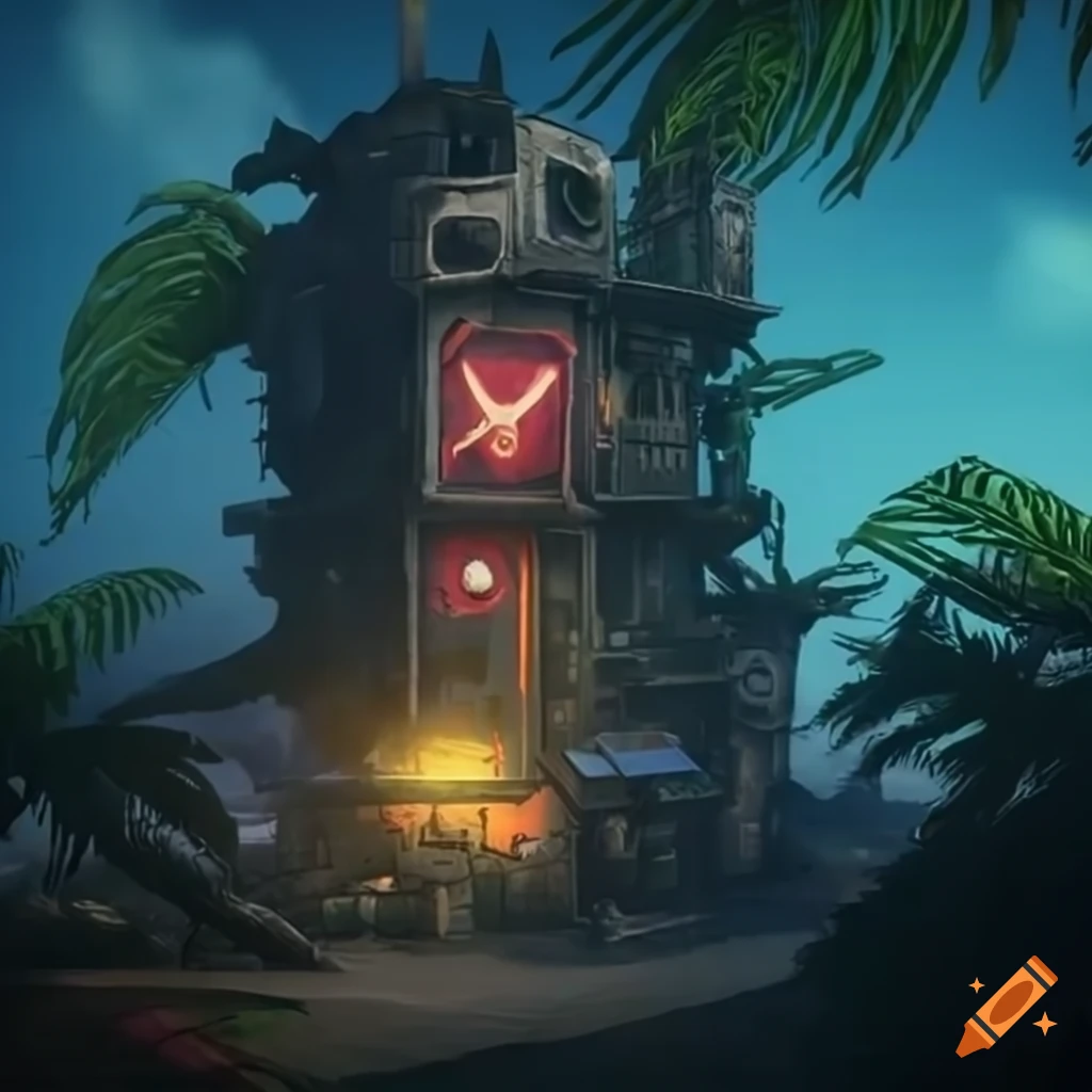 Post-apocalyptic tower resembling a palm tree in a cyberpunk setting on ...