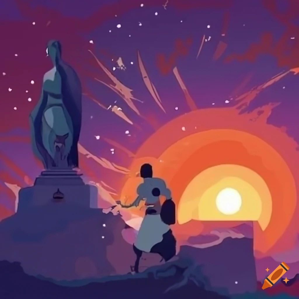 Odysseus among the stars with a fiery sunset in a Greek mythology scene ...