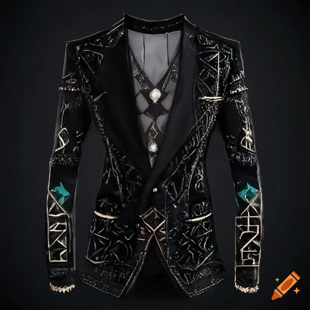 Exquisitely detailed black suit jacket with glowing runes on Craiyon