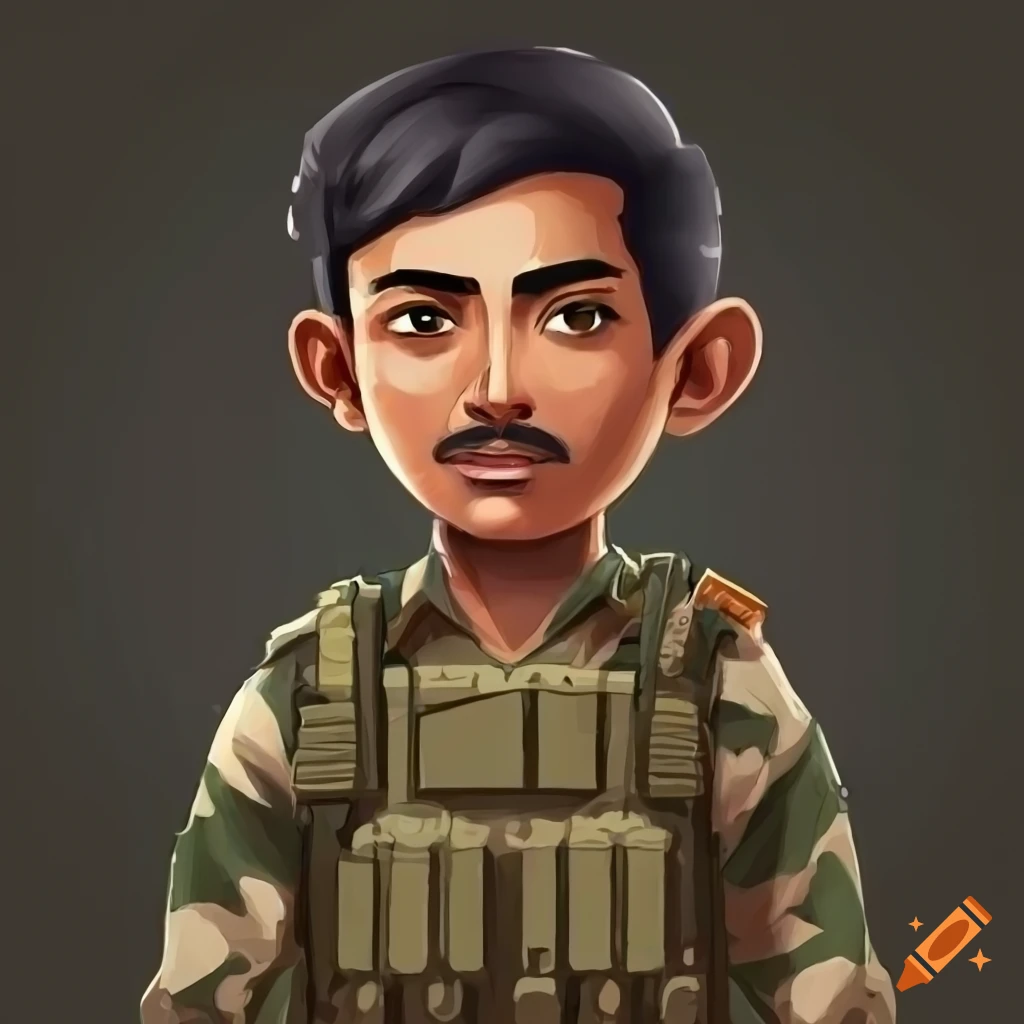 Brave young Indian soldier in uniform with a bullet scar on his back on ...