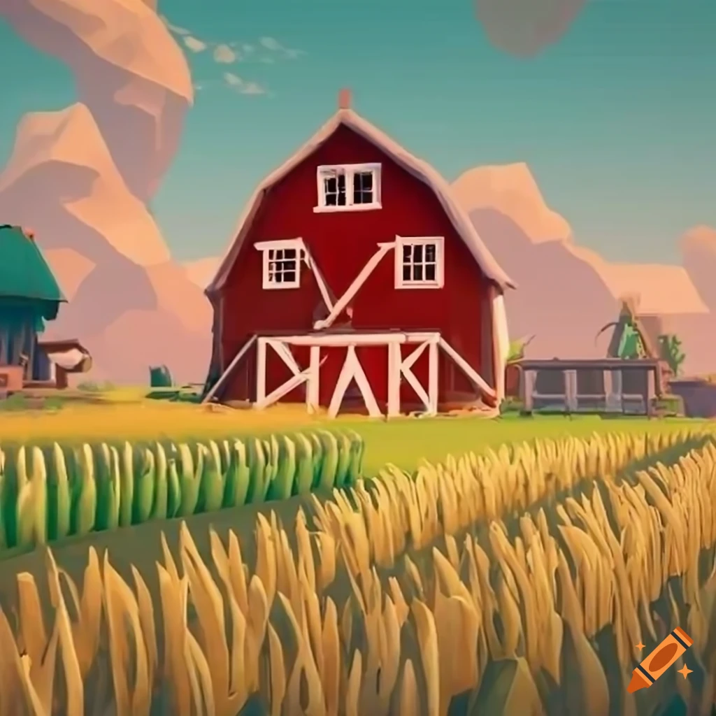 Colorful farm scene with vibrant crops and an old shed in a video game ...