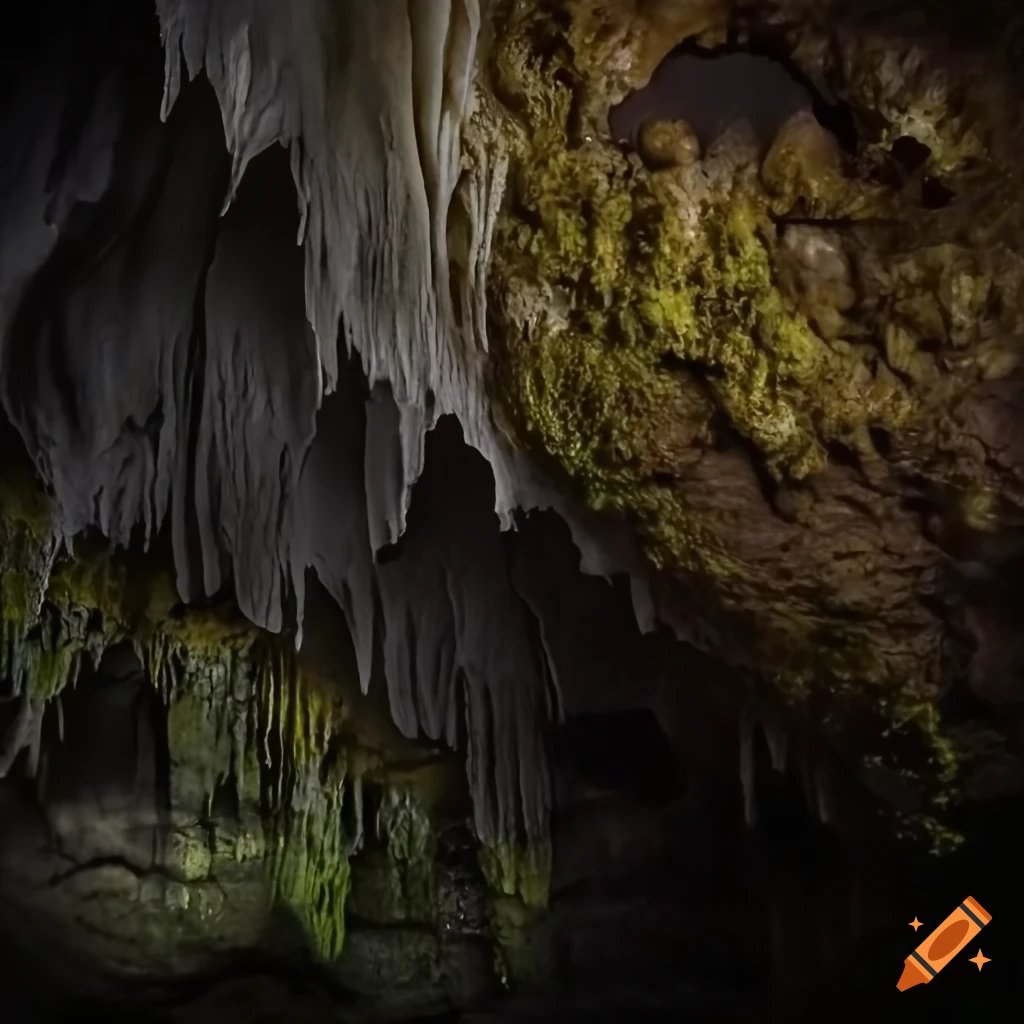 Dark and damp cave with mucus dripping from ceiling and squirming moss ...