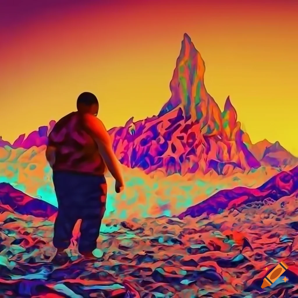 Psychedelic art of a tall and fat man wandering through a valley of ...