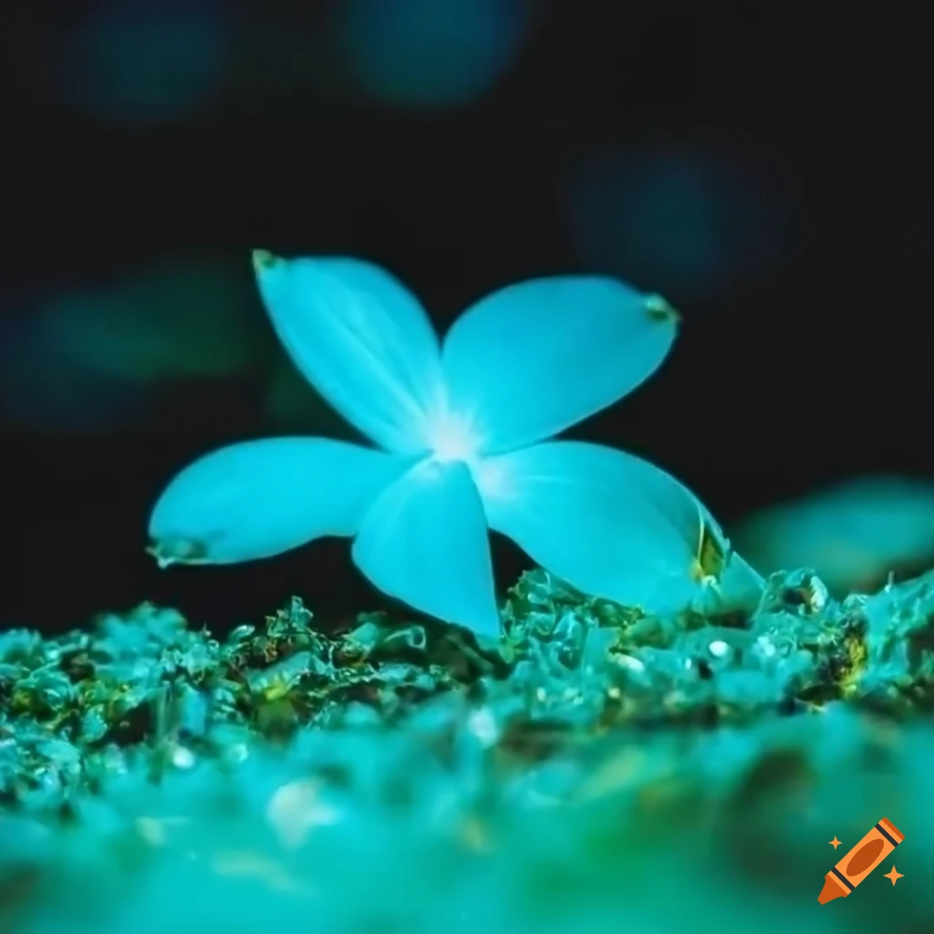 Luminous flower blooming in the sandy beach at night, close-up shot on ...