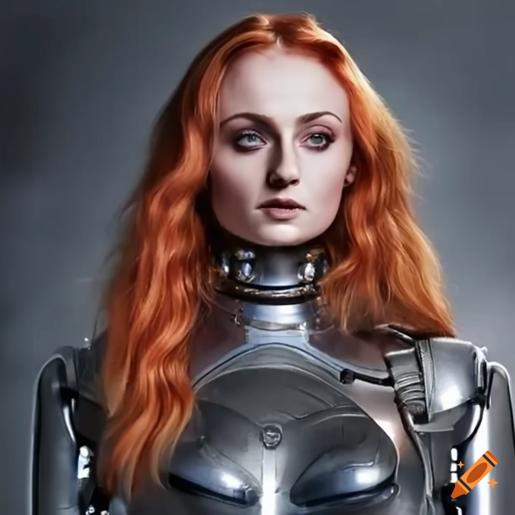 Shiny metal robot resembling sophie turner on Craiyon
