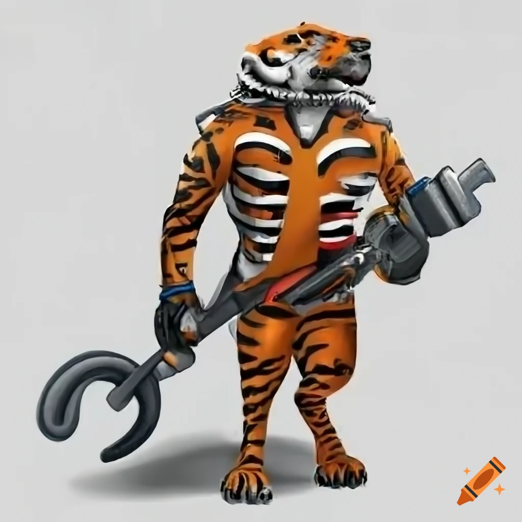 Mechanical anthropomorphic tiger with pipe wrench and toolbox in 3D on ...