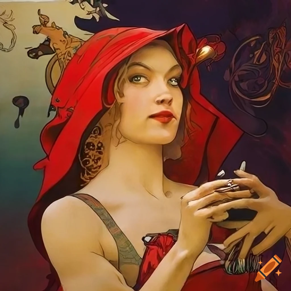 Red riding hood meeting the wolf in a travel poster style influenced by ...