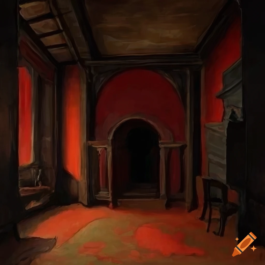 Wooden medieval room with black, red, and gray fixtures and stone ...